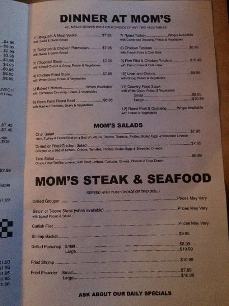 Menu at Mom's Family Restaurant, Enterprise