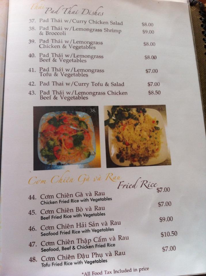 Menu at Pho Rang Dong restaurant, Toronto