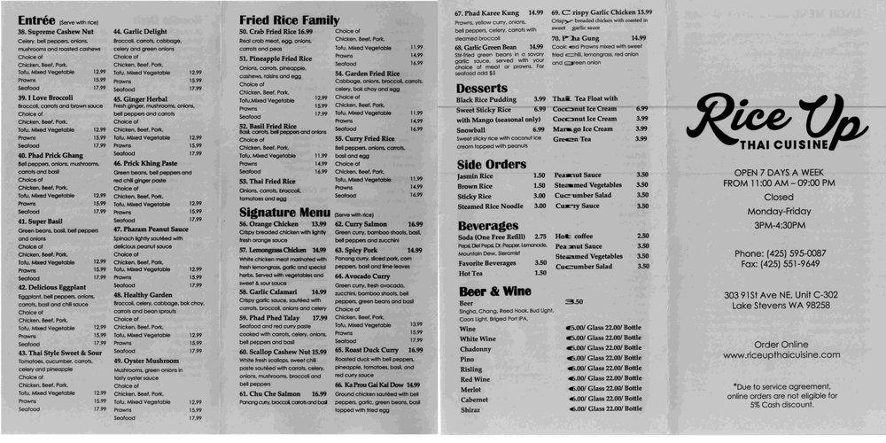 Menu at Rice Up Thai Cuisine restaurant, Lake Stevens