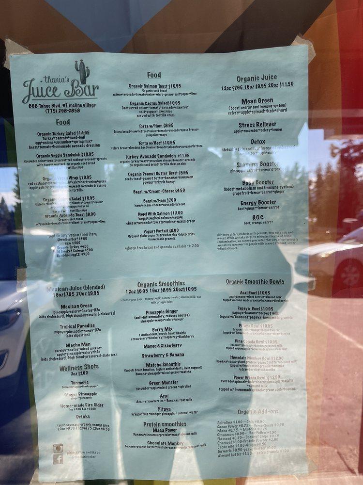 Menu at Thanias Juice Bar, Incline Village