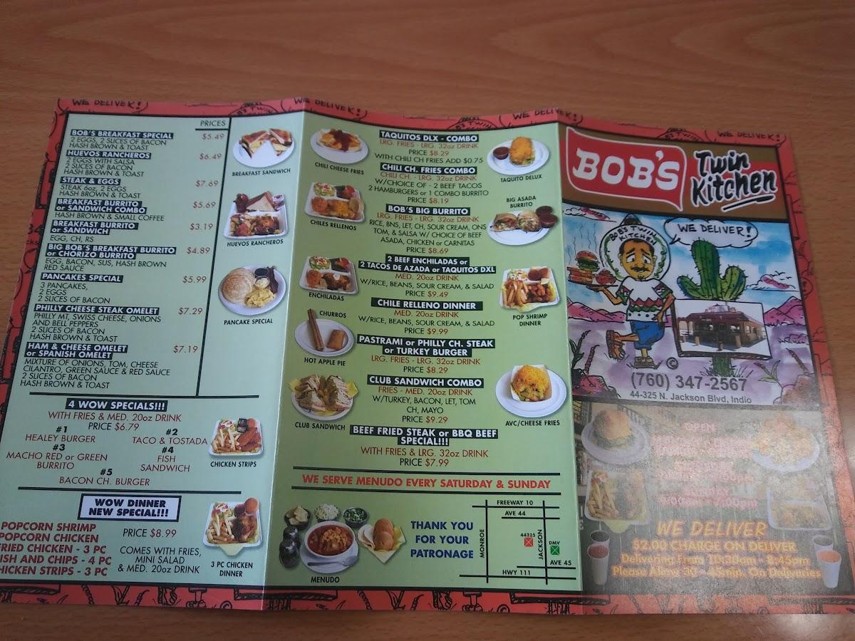 Menu at Bob's Twin Kitchen restaurant, Indio