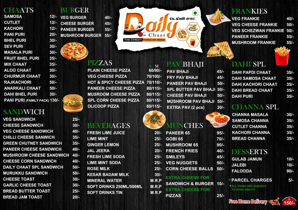 Menu at Daily Chaat, Chennai