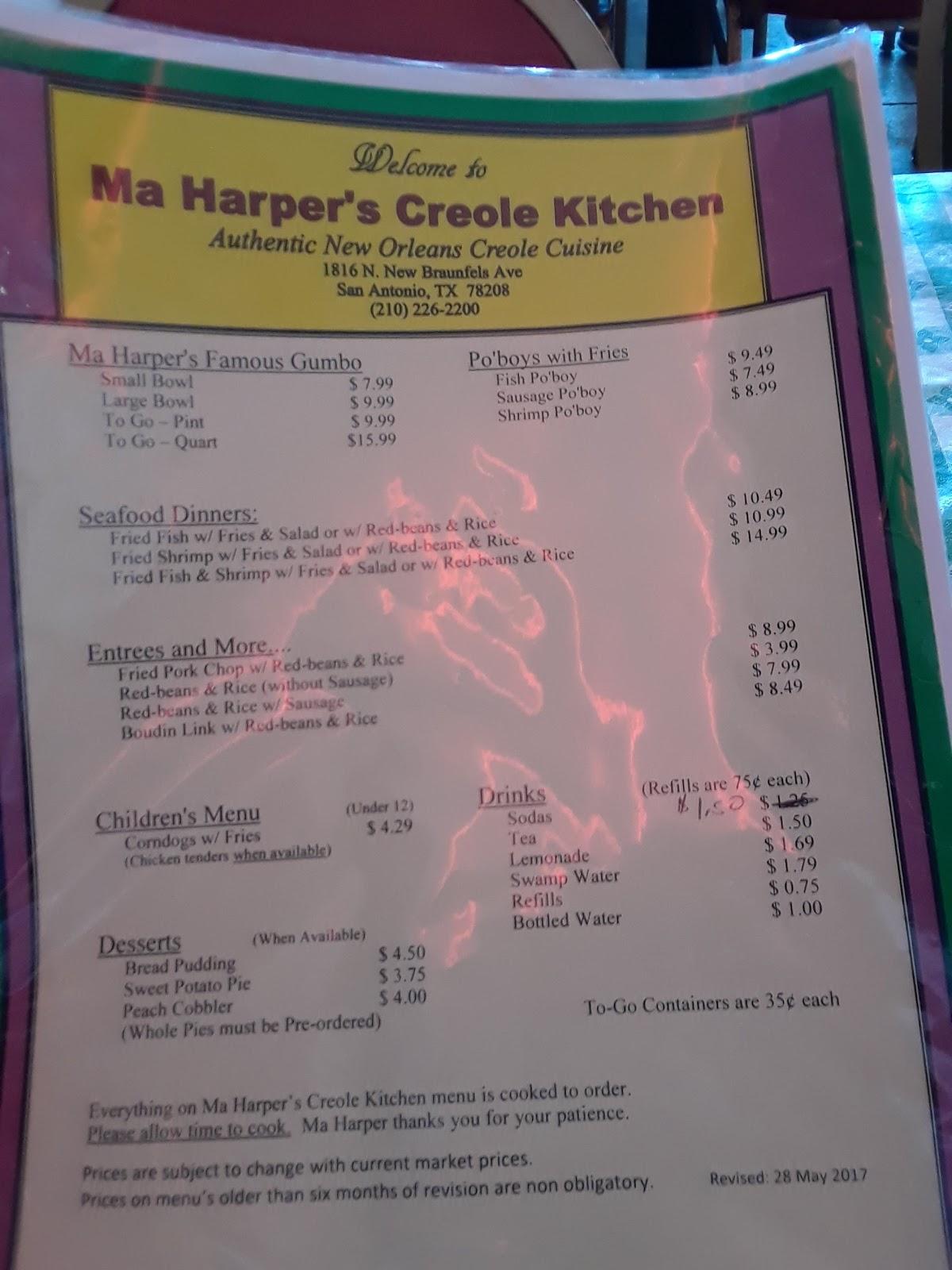 Menu at Ma Harper's Creole Kitchen desserts, San Antonio