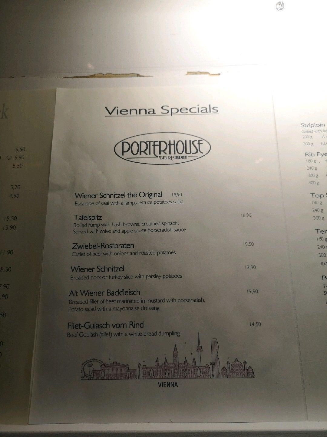 Menu at Porterhouse steakhouse, Vienna