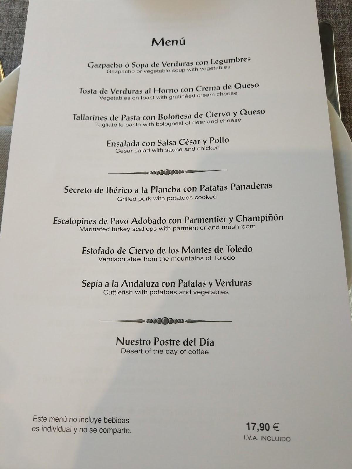 Carta de Restaurante Los Cuatro Tiempos, Toledo