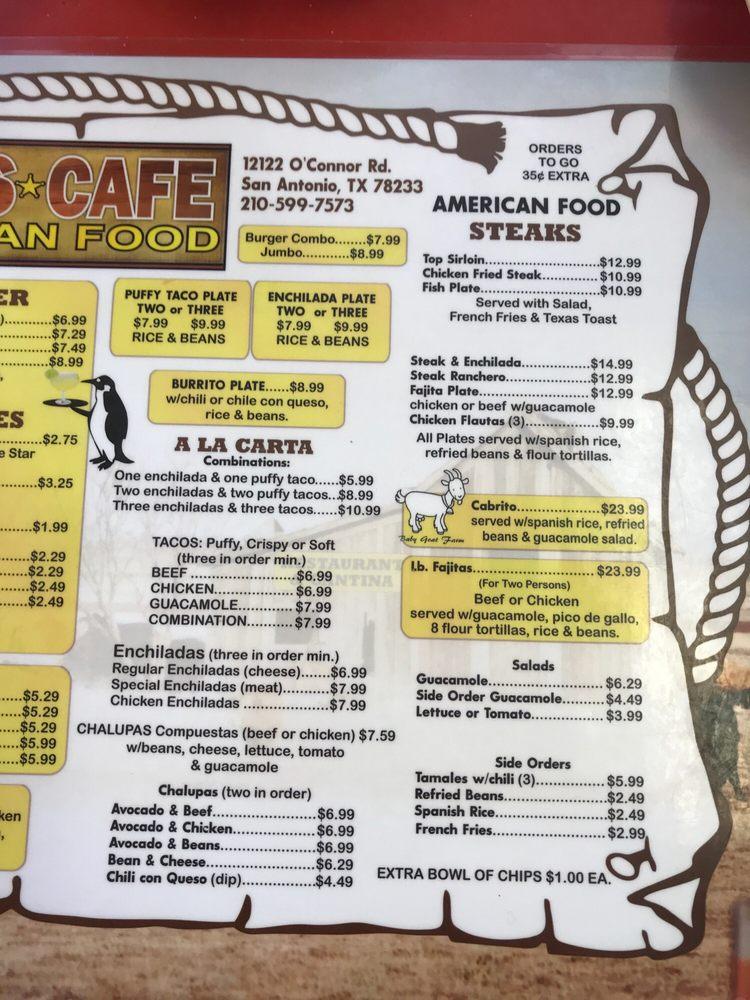 Menu at Tejas Cafe, San Antonio, O'Connor Rd
