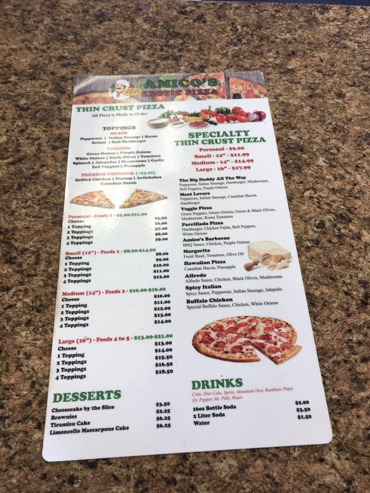 Carta de pizzería Amicos Exotic Pizza, Dallas, Cedar Spring Rd