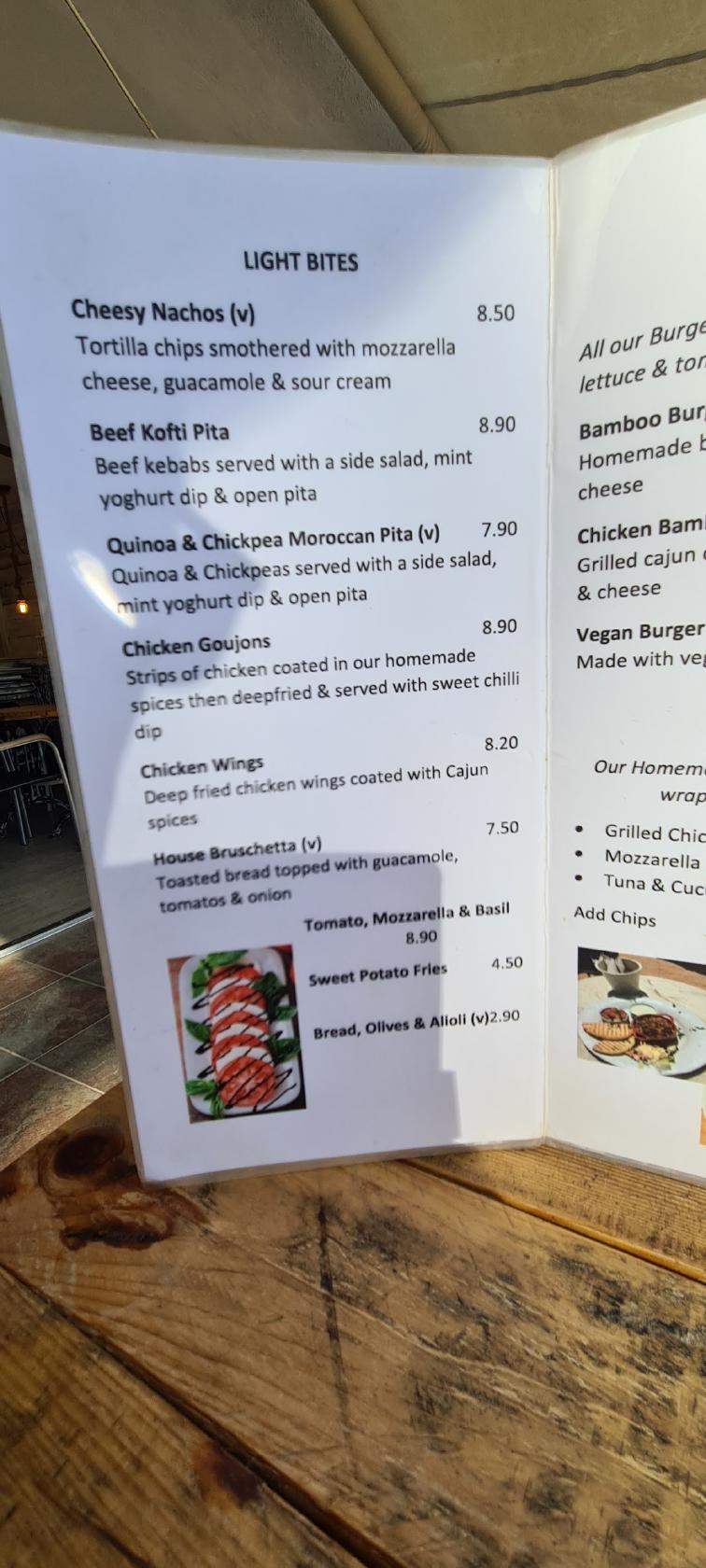 Menu at Bamboo Beach bar, Palmanova