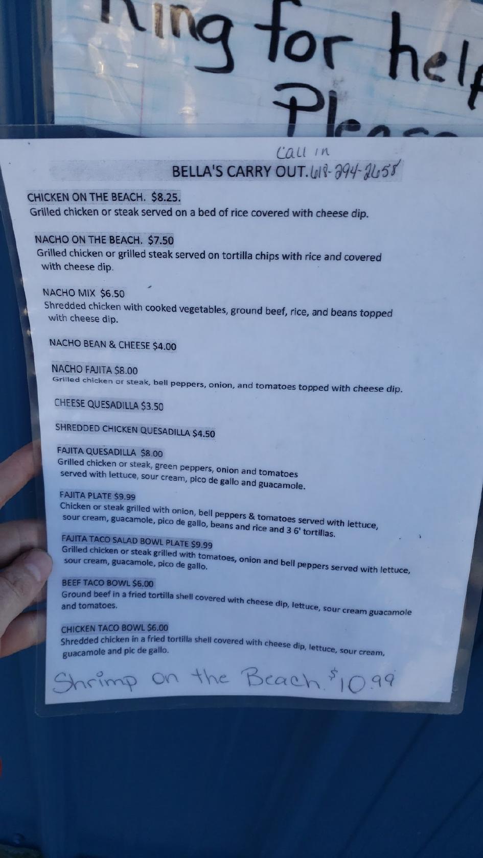 Menu at Bella's Mexican restaurant, Rosiclare