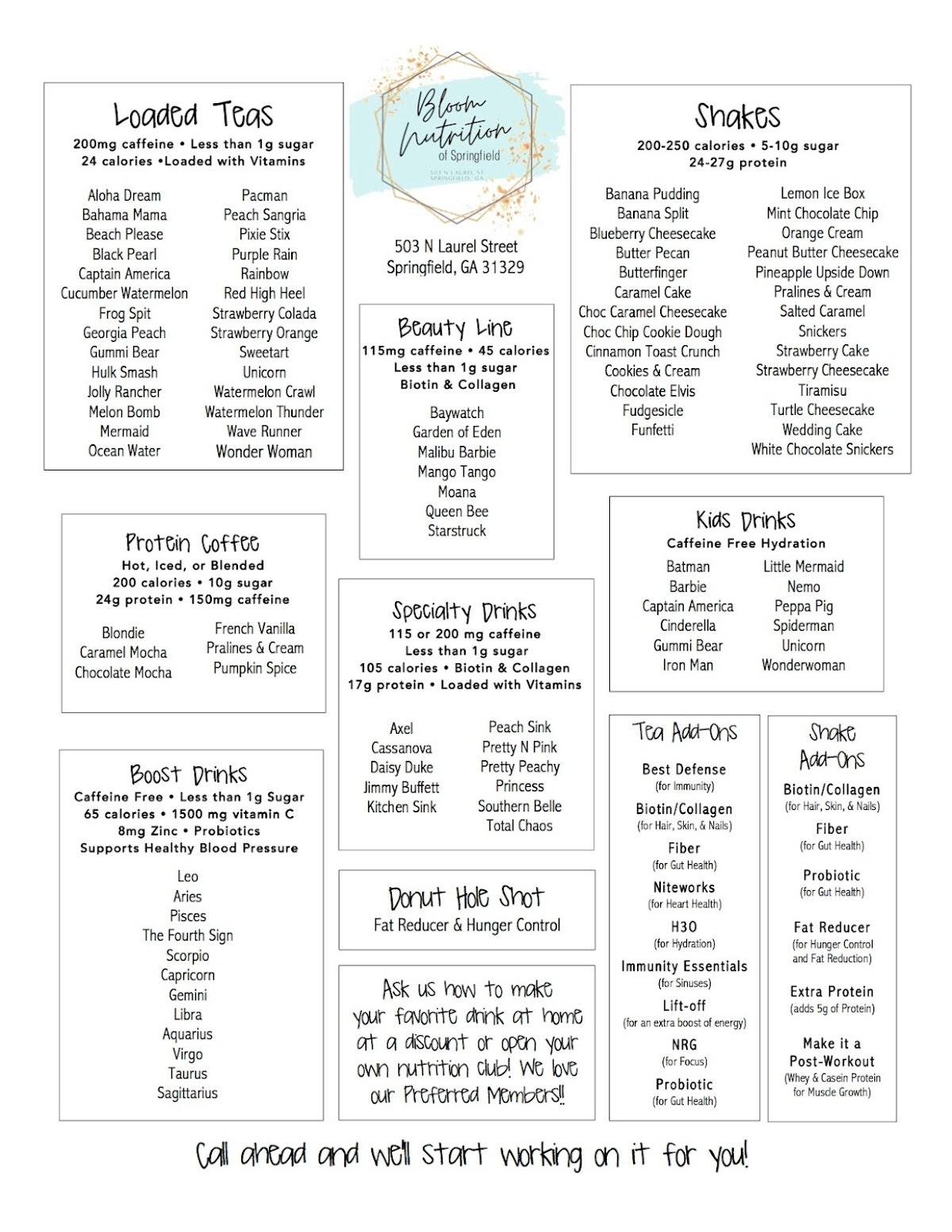 Carta del café Bloom Nutrition of Springfield, Springfield