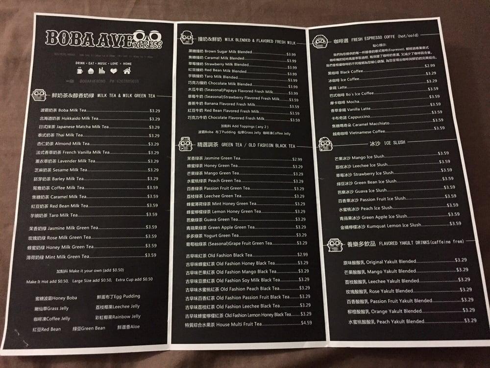 Menu at Boba Ave pub & bar, Arcadia