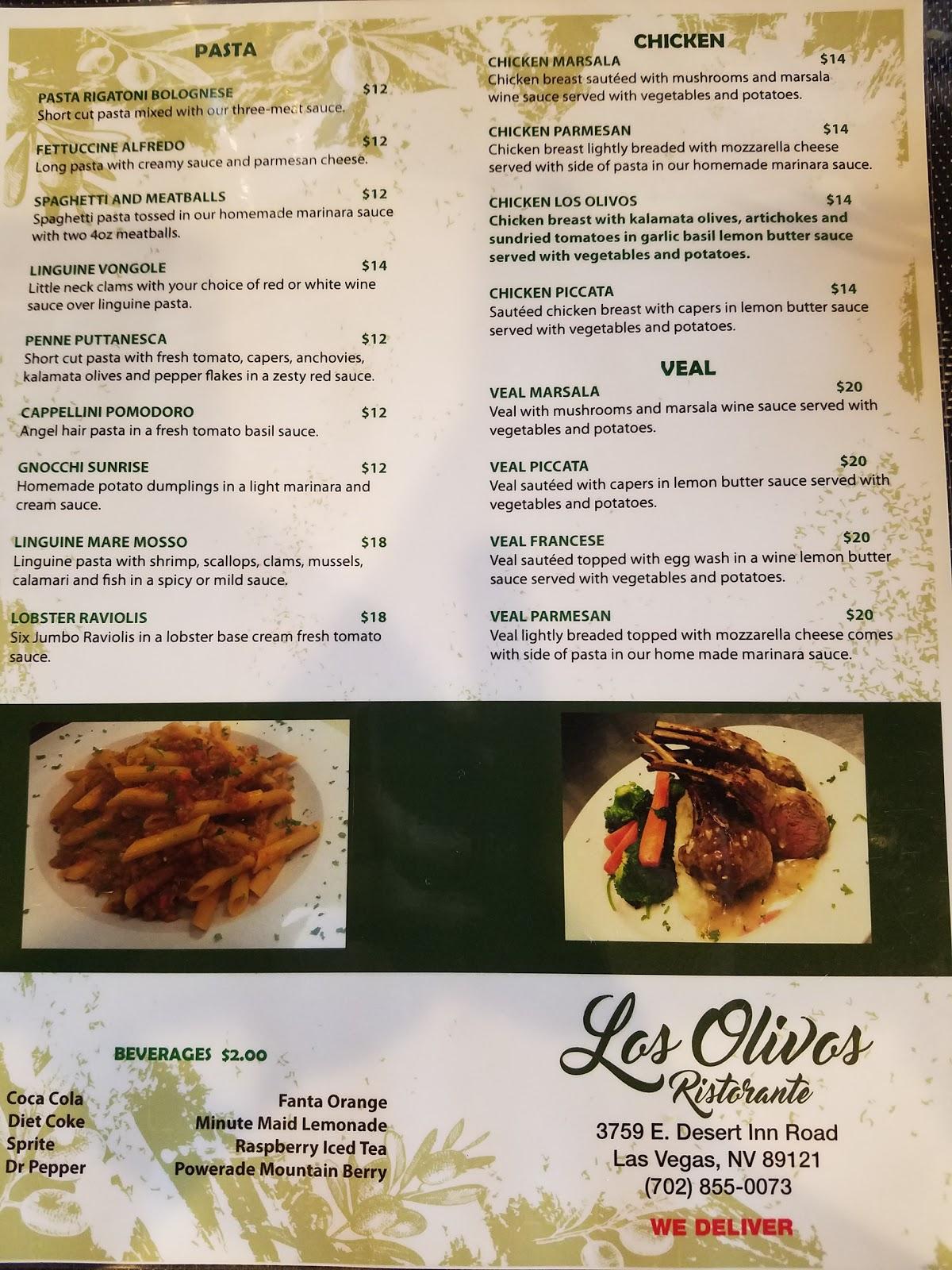 Menu at Los Olivos Ristorante restaurant, Las Vegas