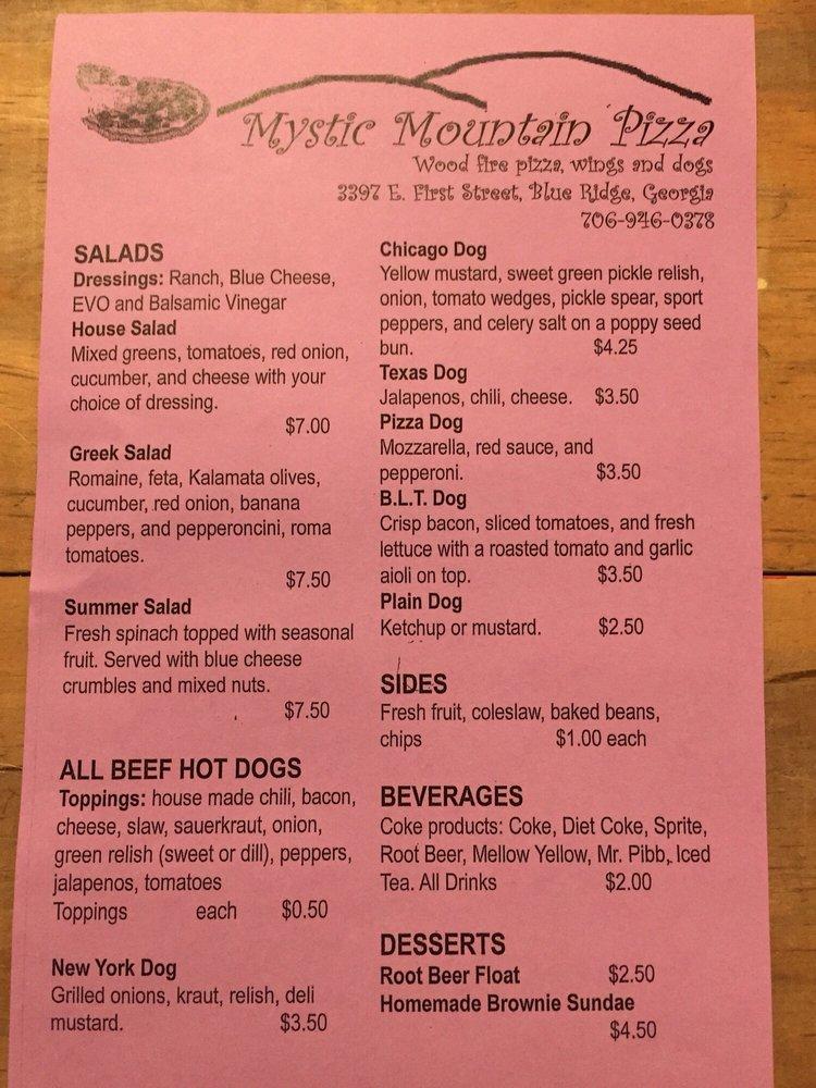Menu at Mystic Mountain Pizza pizzeria, Blue Ridge, E 1st St