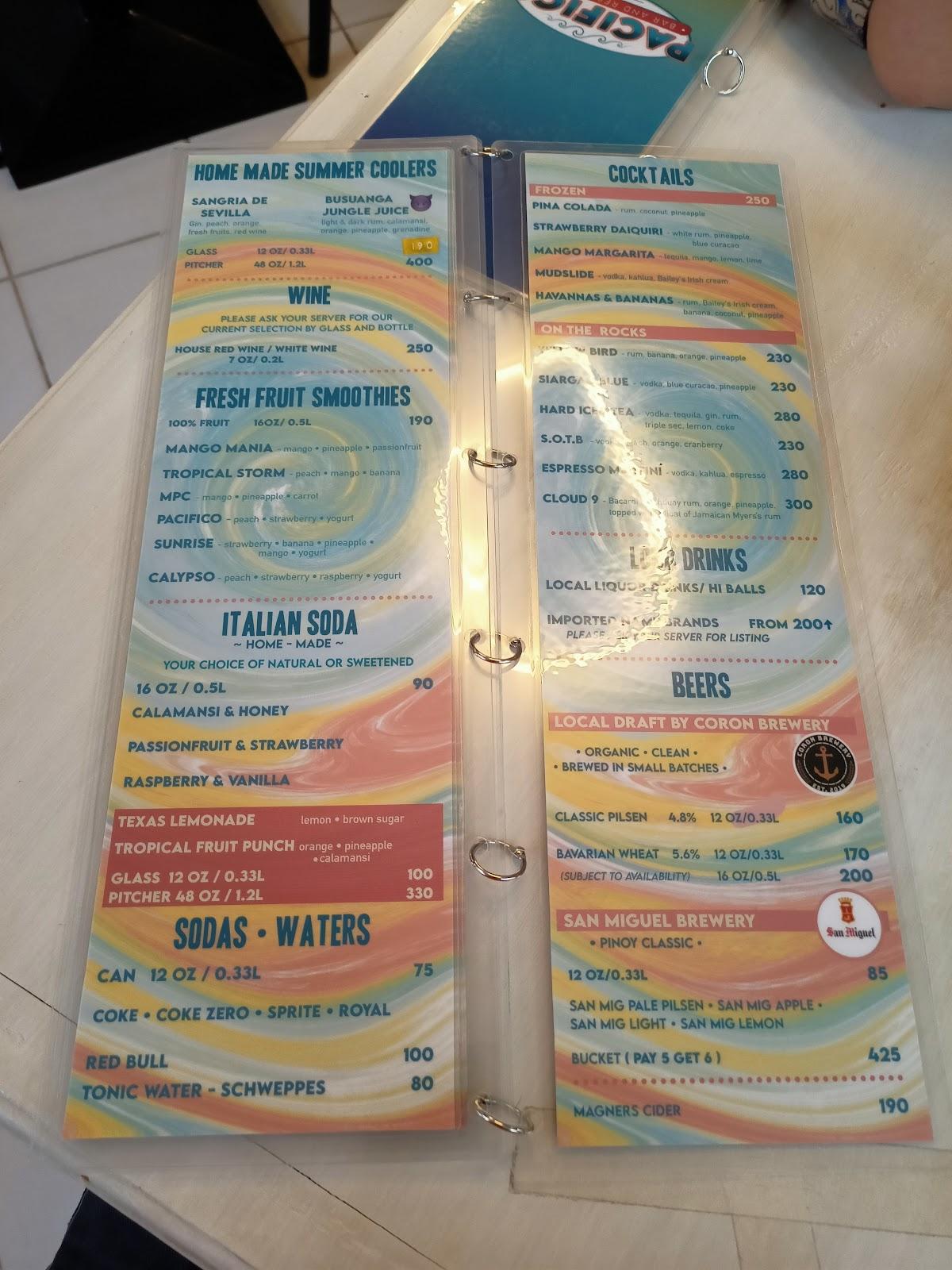Menu at PACIFICO CORON BAR AND RESTAURANT, Coron