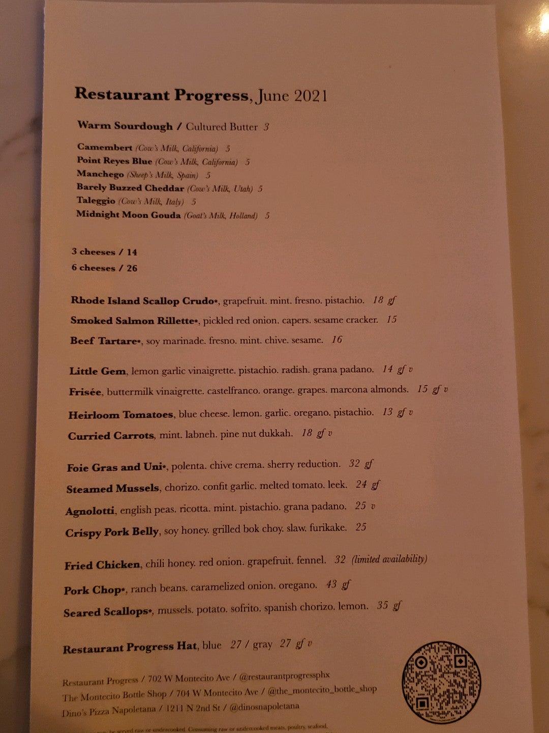 Menu at Restaurant Progress, Phoenix
