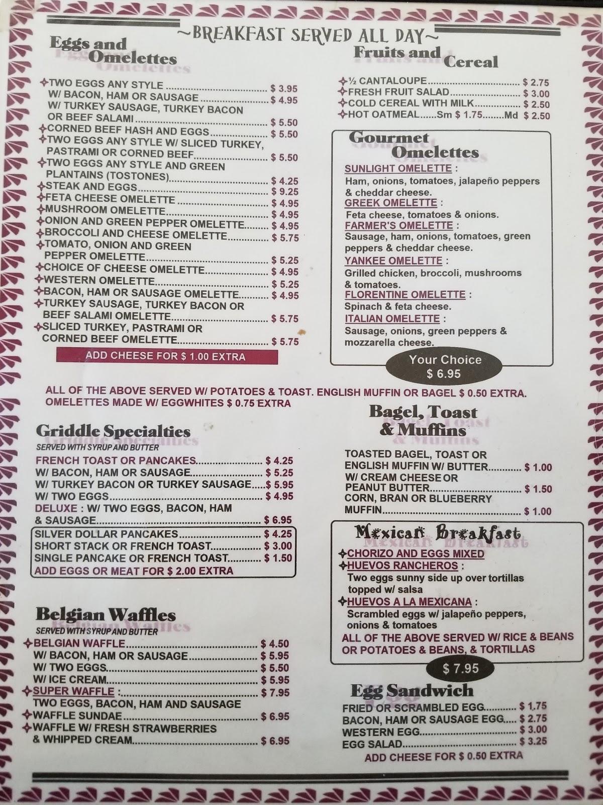 Menu at Sunlight Restaurant, South Saint Paul