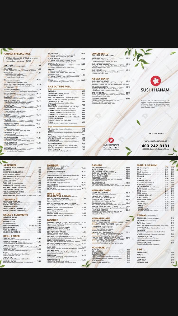Menu at Sushi Hanami restaurant, Calgary