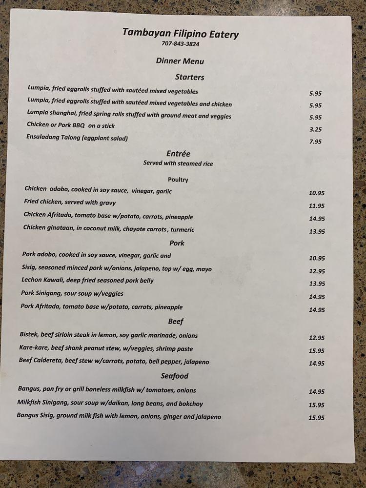 Menu at Tambayan Filipino Eatery restaurant, Santa Rosa