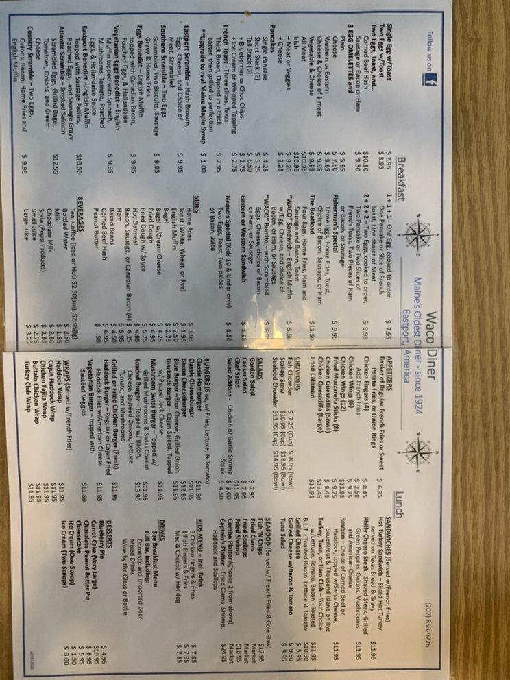 Menu at WaCo Diner restaurant, Eastport