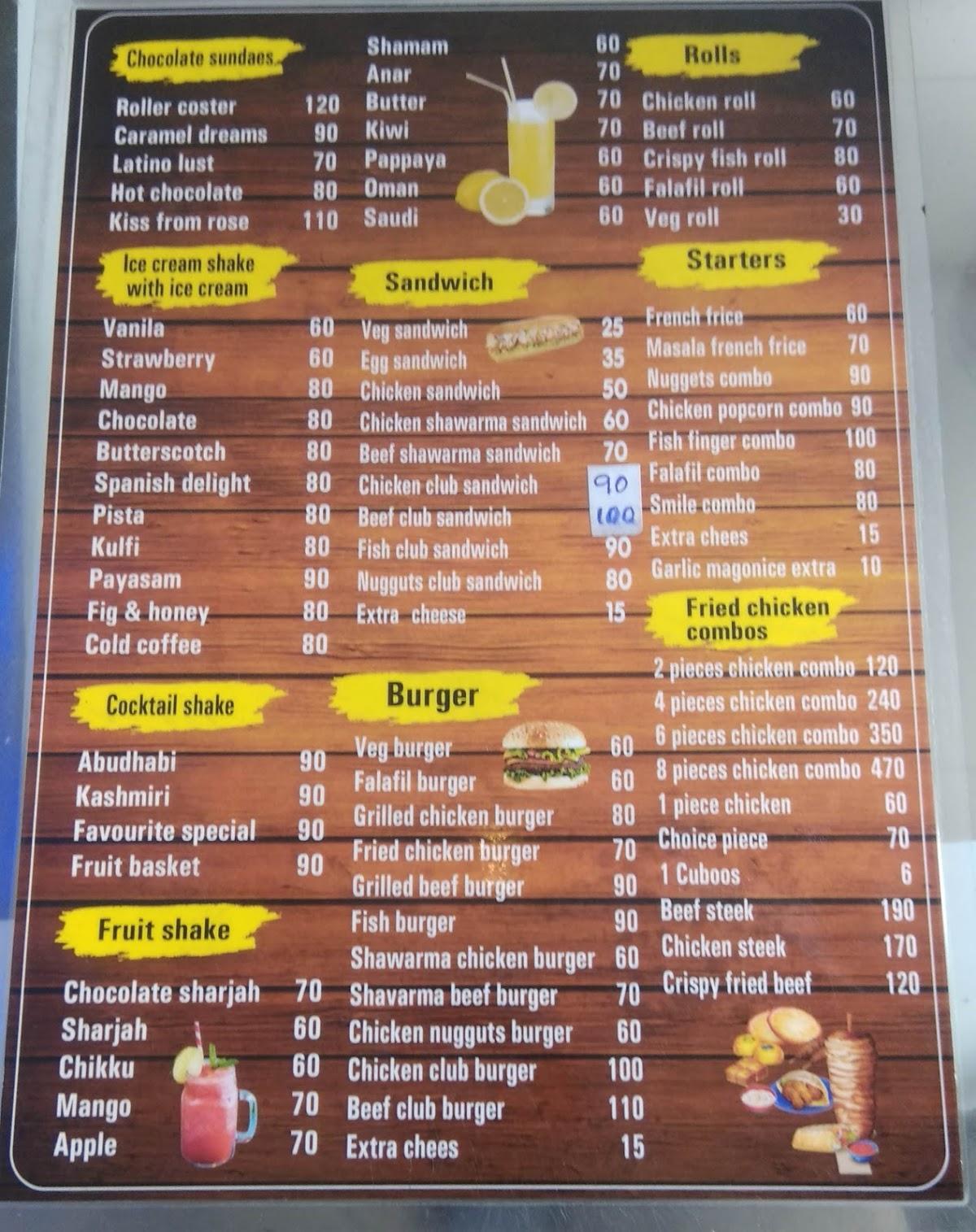 Menu at Bakewell Bakery, Kottakkal