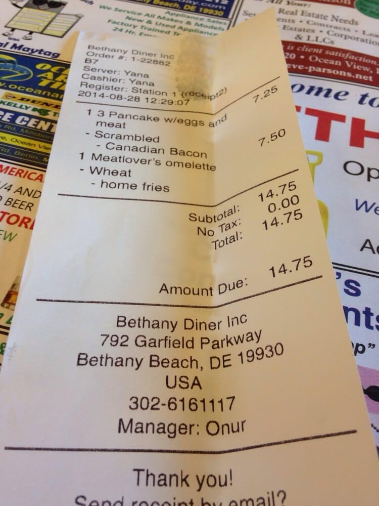 Menu at Bethany Diner restaurant, Bethany Beach