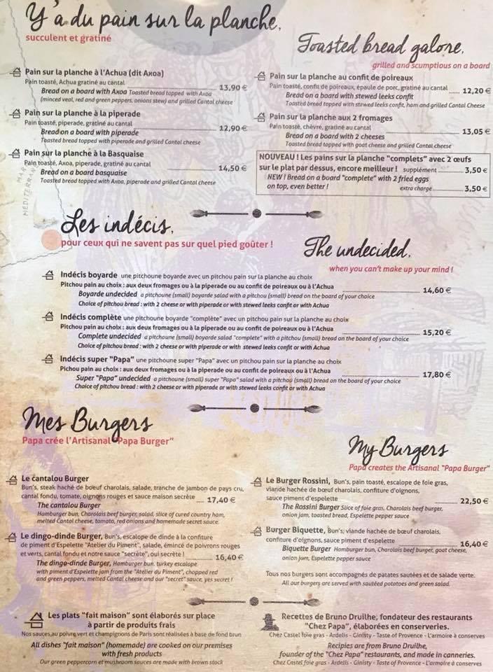 Menu at Chez Papa restaurant, Paris, 59 Rue de Clichy