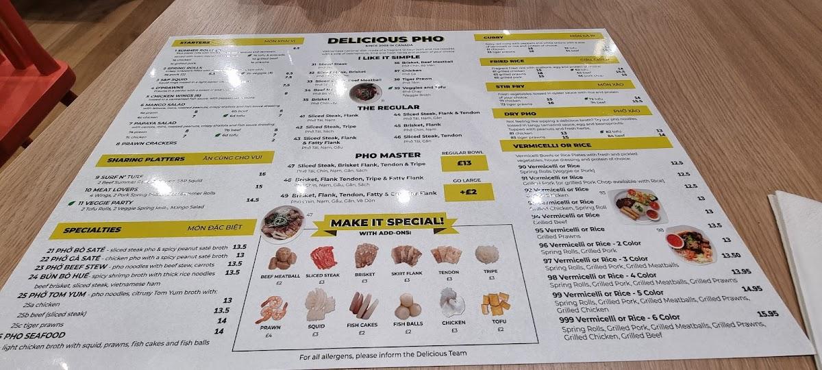 Menu at Delicious Pho restaurant, London