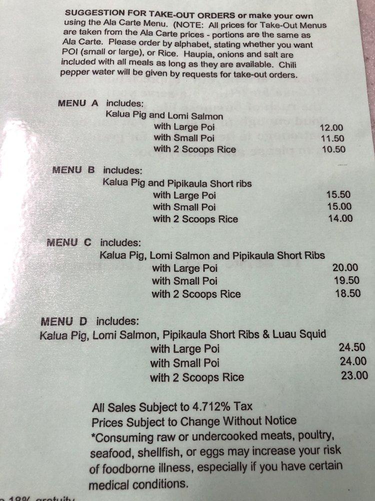 Menu at Helena's Hawaiian Food restaurant, Honolulu