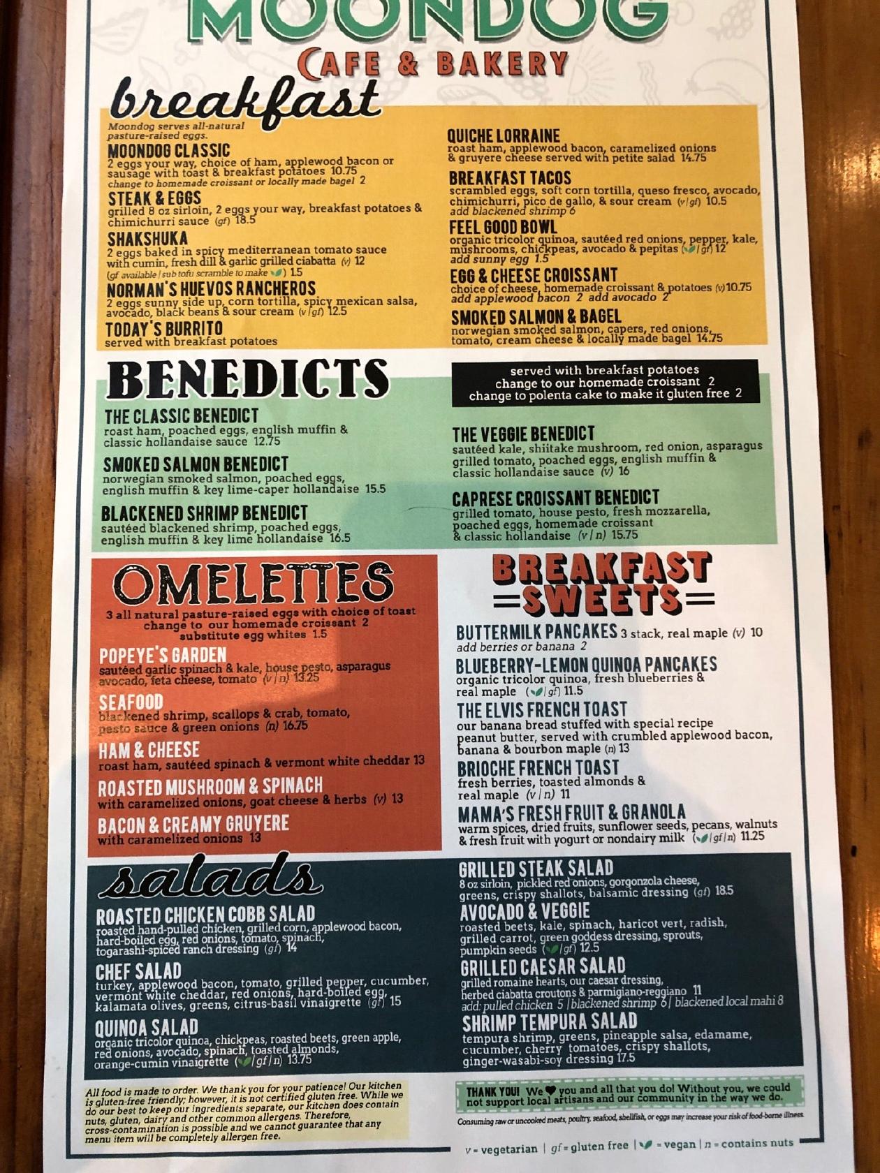 Menu at Moondog Cafe, Key West