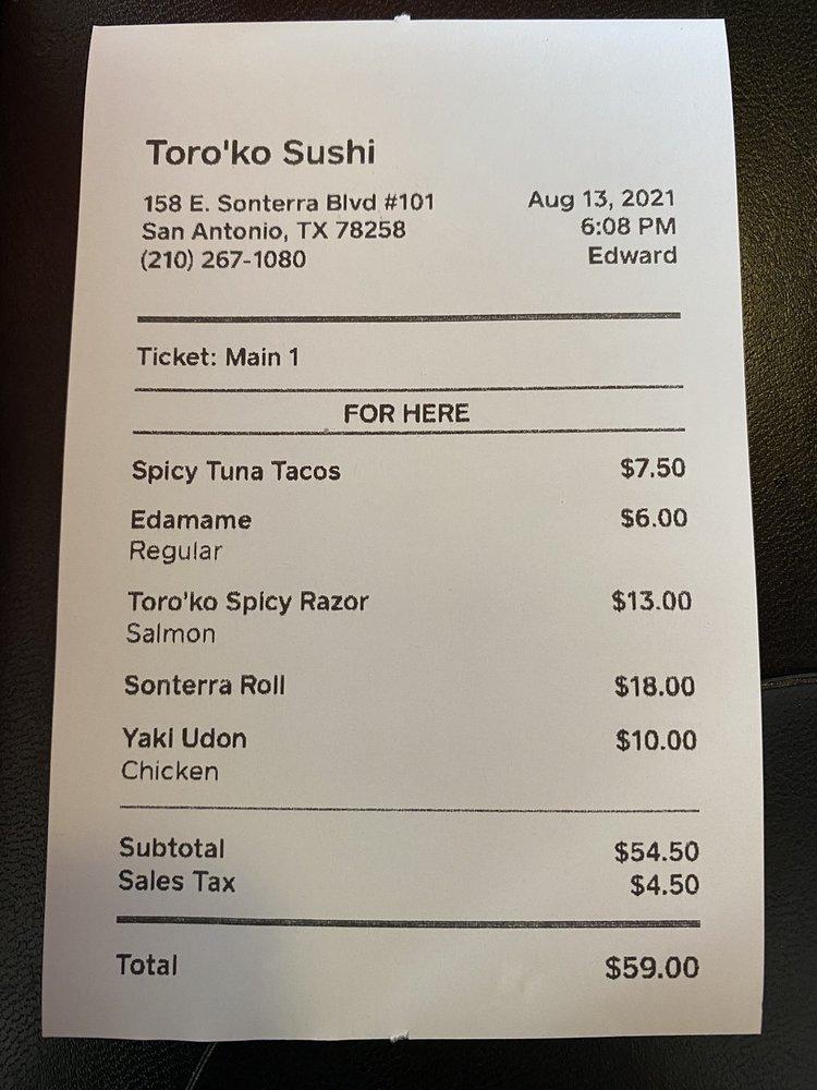 Menu at Toroko Sushi restaurant, San Antonio