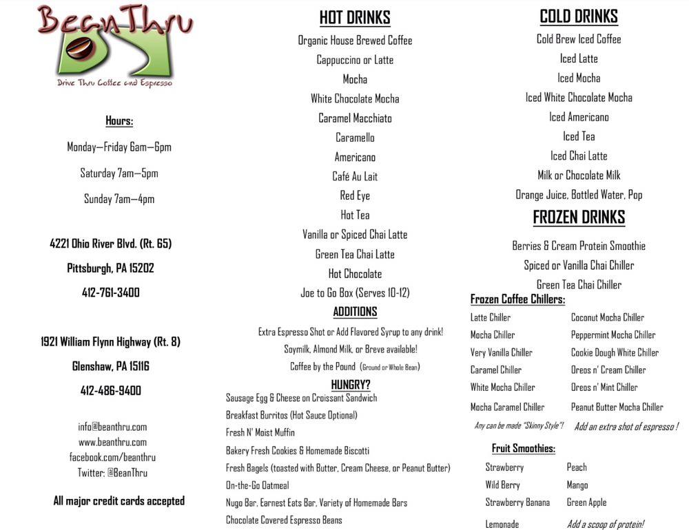 Menu at BeanThru - Drive-thru Coffee & Espresso pub & bar, Glenshaw ...