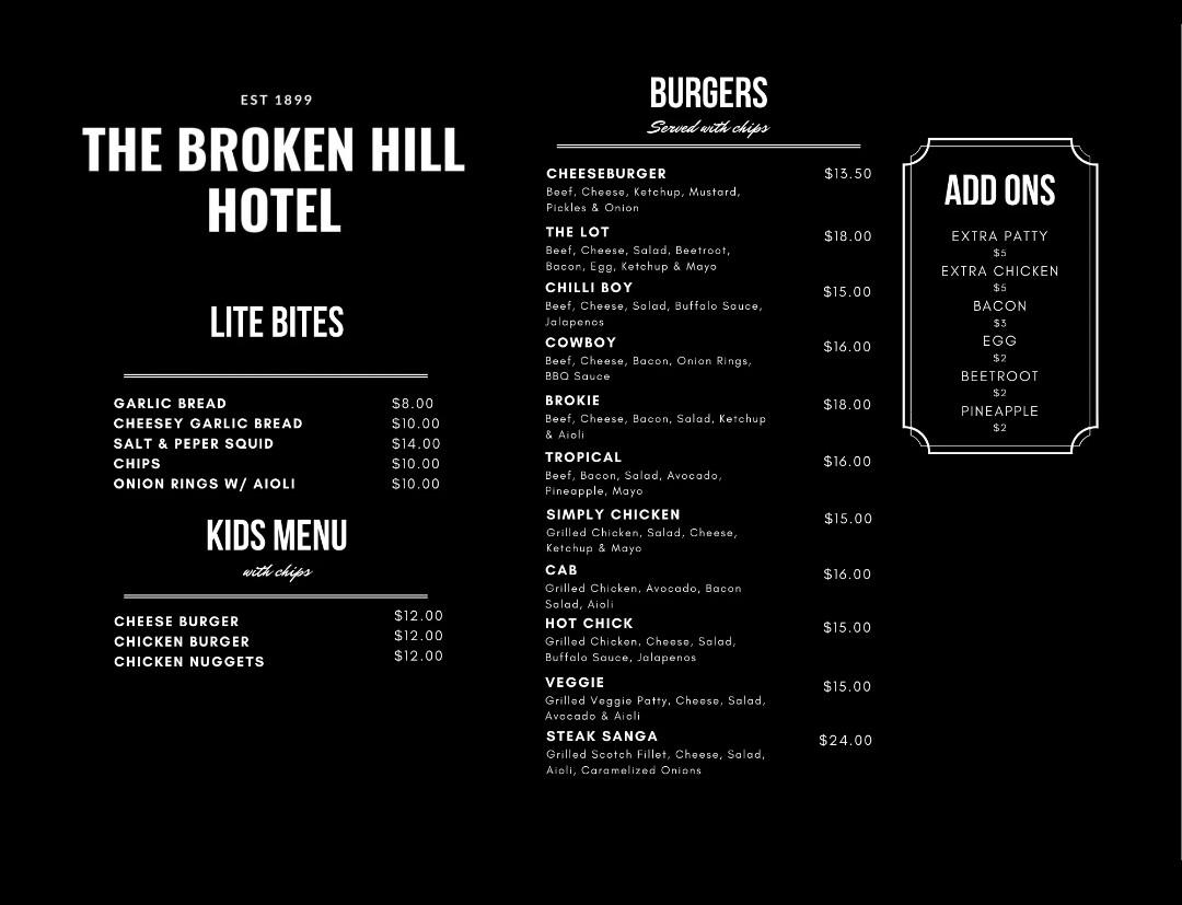 Carta del pub y bar Broken Hill Hotel, South Boulder
