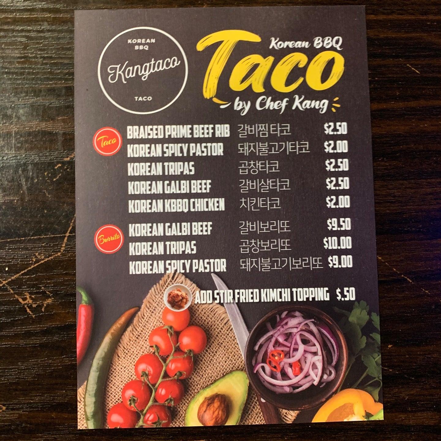 Menu at Chef Kang Korean Taco restaurant, Los Angeles