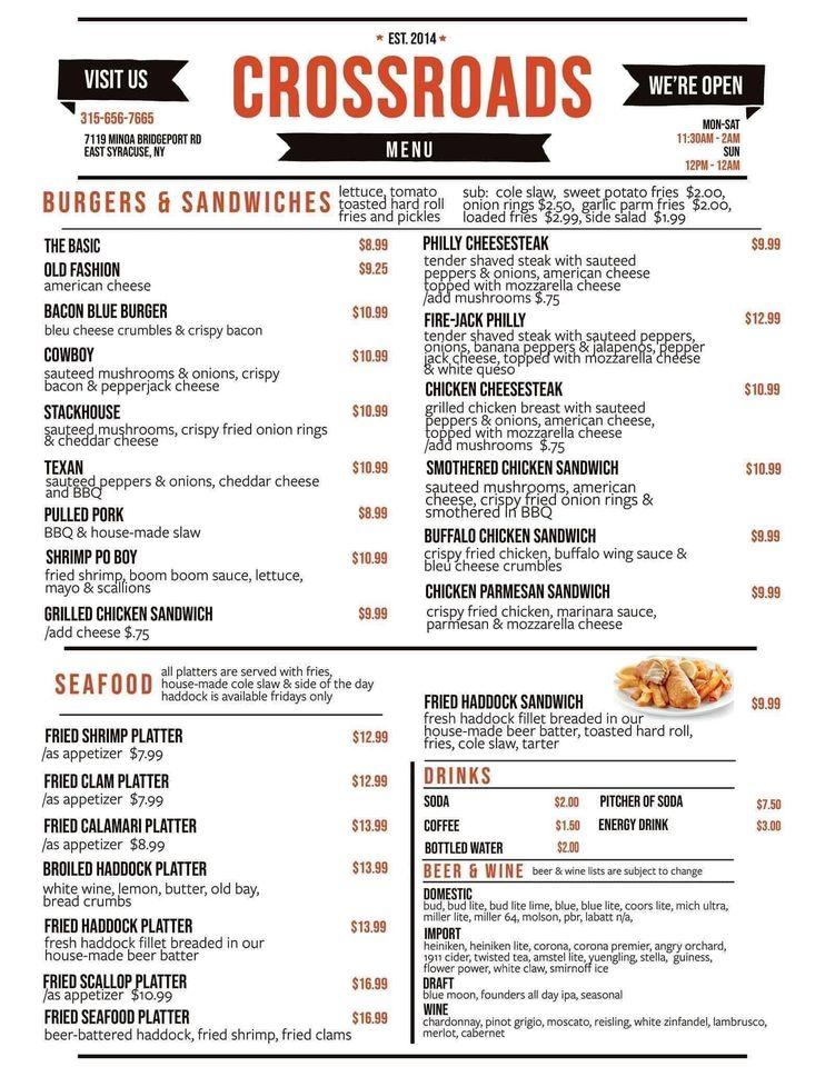 Menu at CrossRoads Tavern pub & bar, USA, Minoa Bridgeport Rd