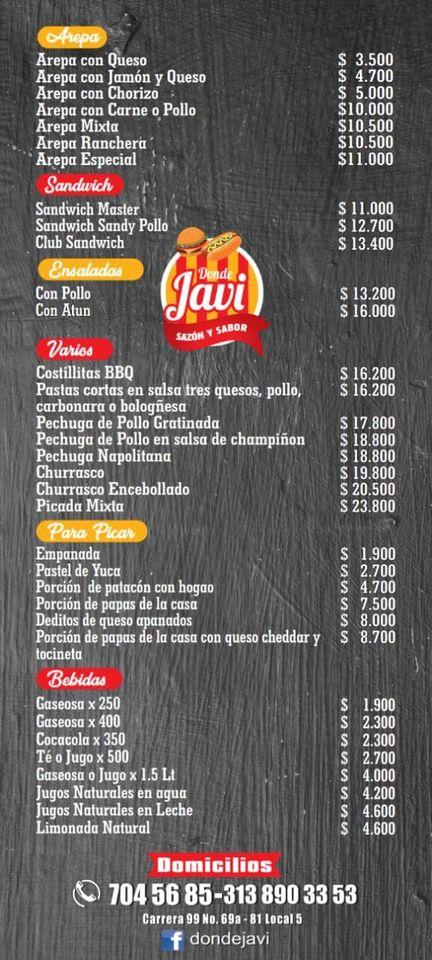 Menu at Donde Javi restaurant, Bogotá