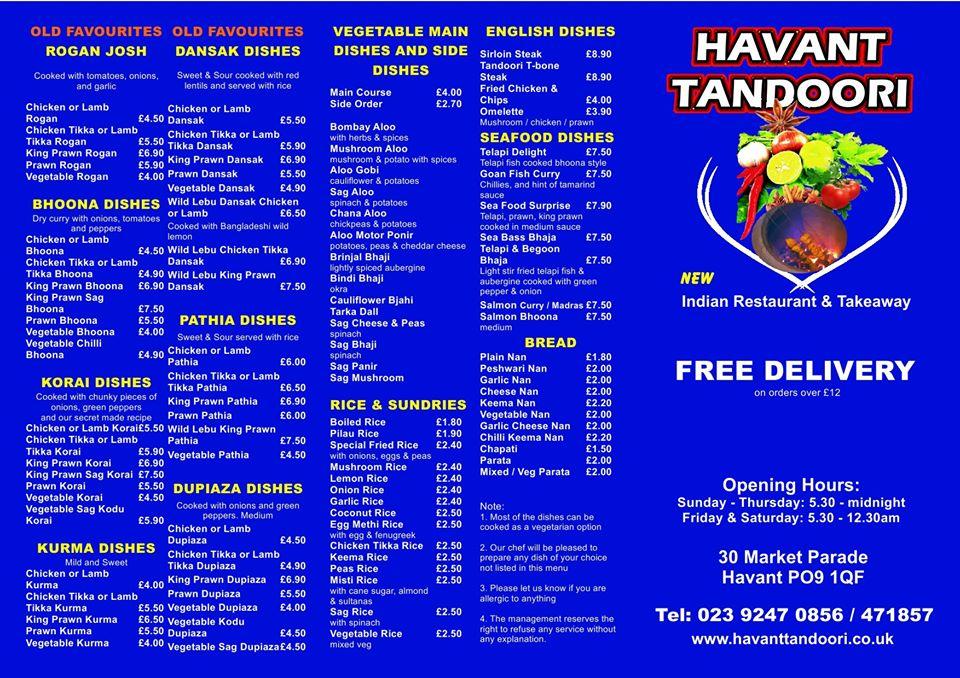 Menu at Havant Tandoori restaurant, Havant