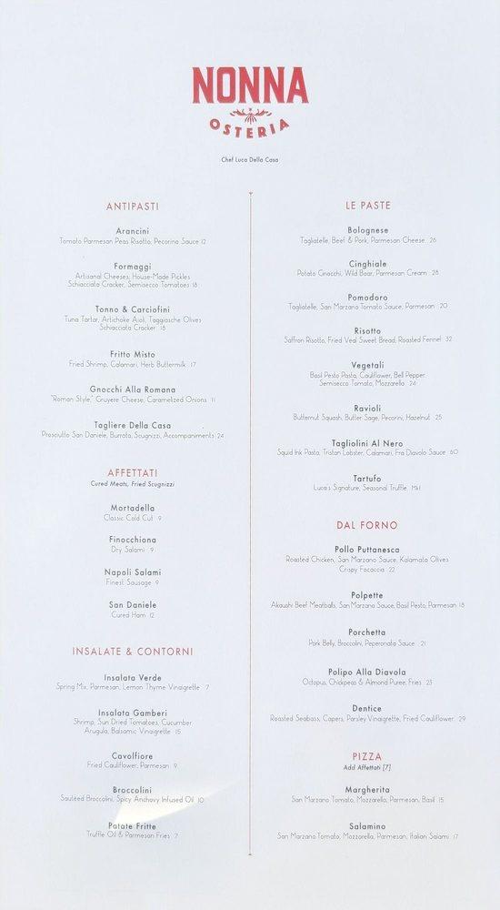 Menu at NONNA Osteria - 1604 pub & bar, San Antonio