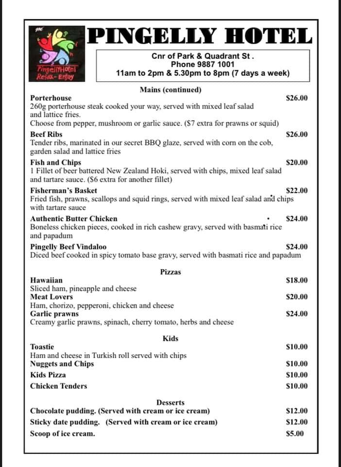 Menu at Pingelly Hotel restaurant, Pingelly