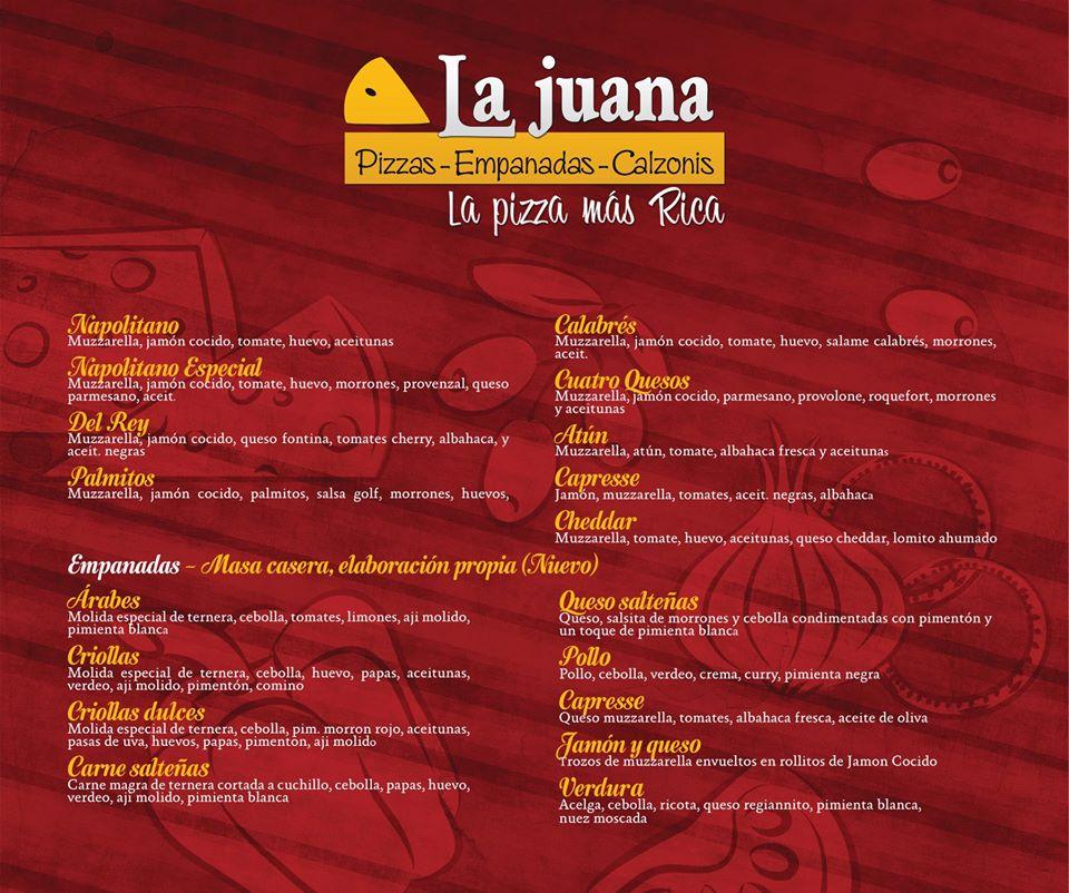 Menu at Pizzería la Juana, Córdoba, Av. Pablo Ricchieri 2717