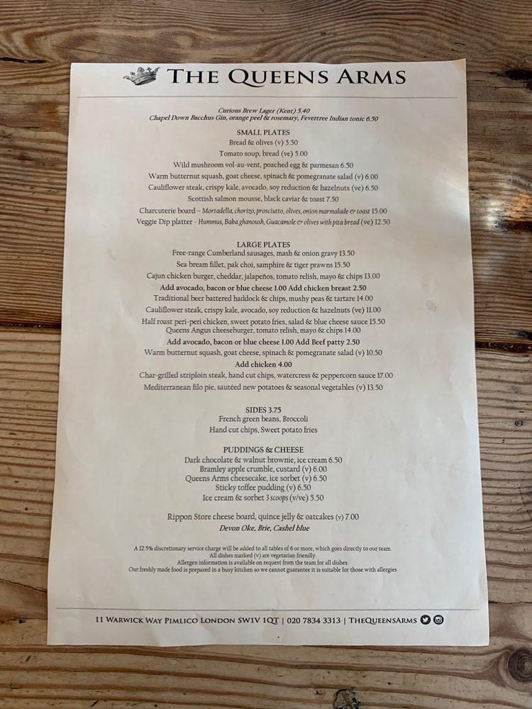 Menu at The Queens Arms pub & bar, London, 11 Warwick Way