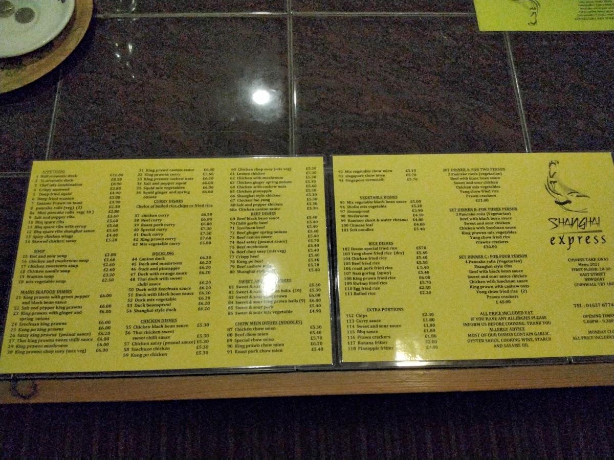 Menu at Shanghai Express restaurant, Newquay