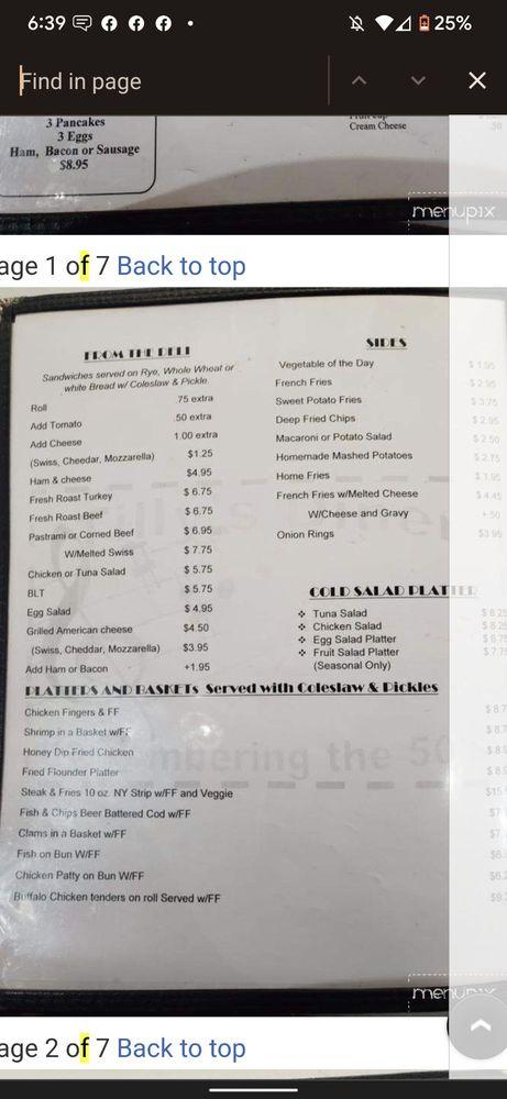 Menu at Tilly's Diner restaurant, Monticello