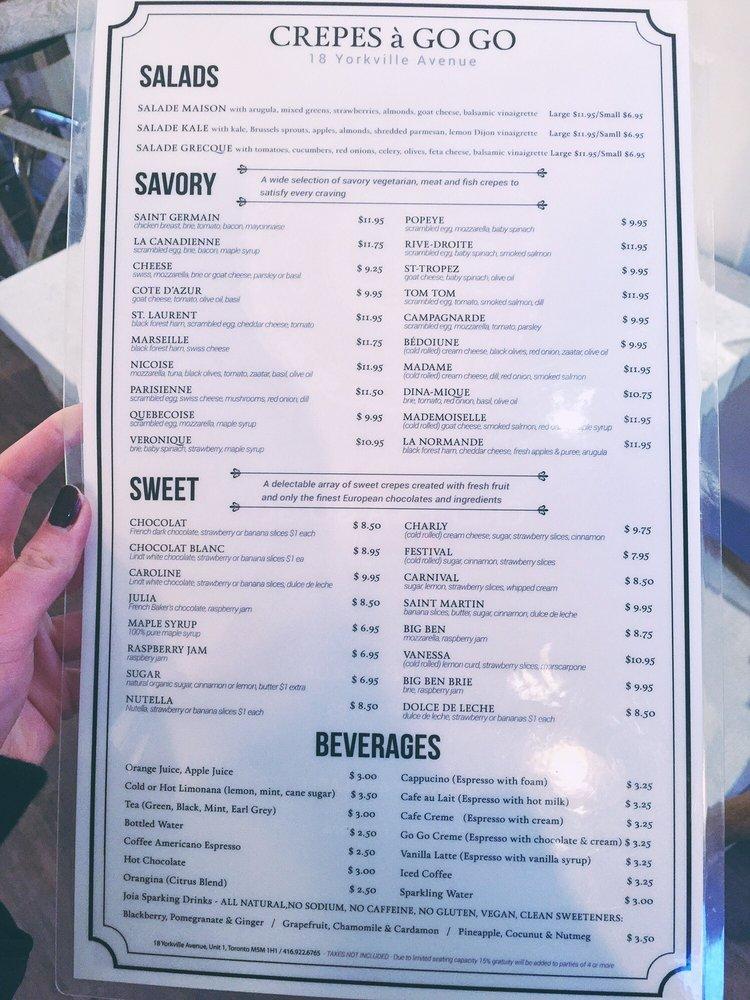 Menu at Yorkville Crepes cafe, Toronto, 18 Yorkville Ave #1
