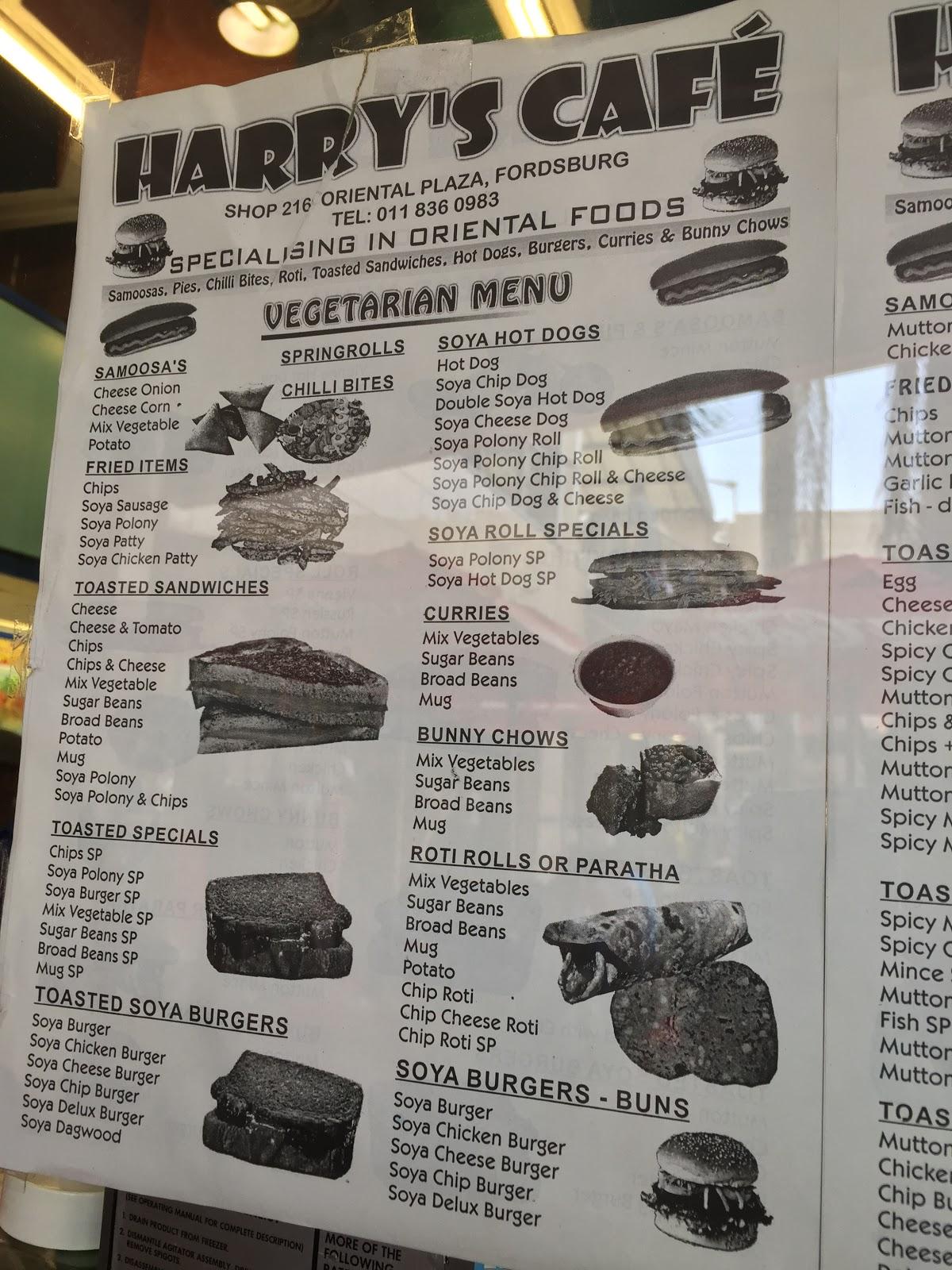 Menu at Harry's Cafe, Johannesburg