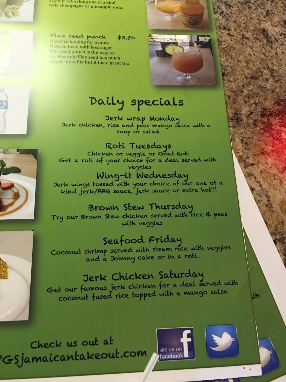 Menu at PG's Jamaican Restaurant, White Rock