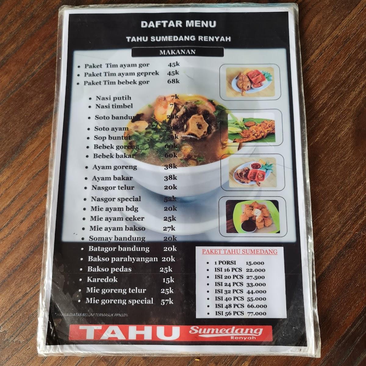 Carta del restaurante Tahu Sumedang Renyah, Indonesia, 6GRV+VVH