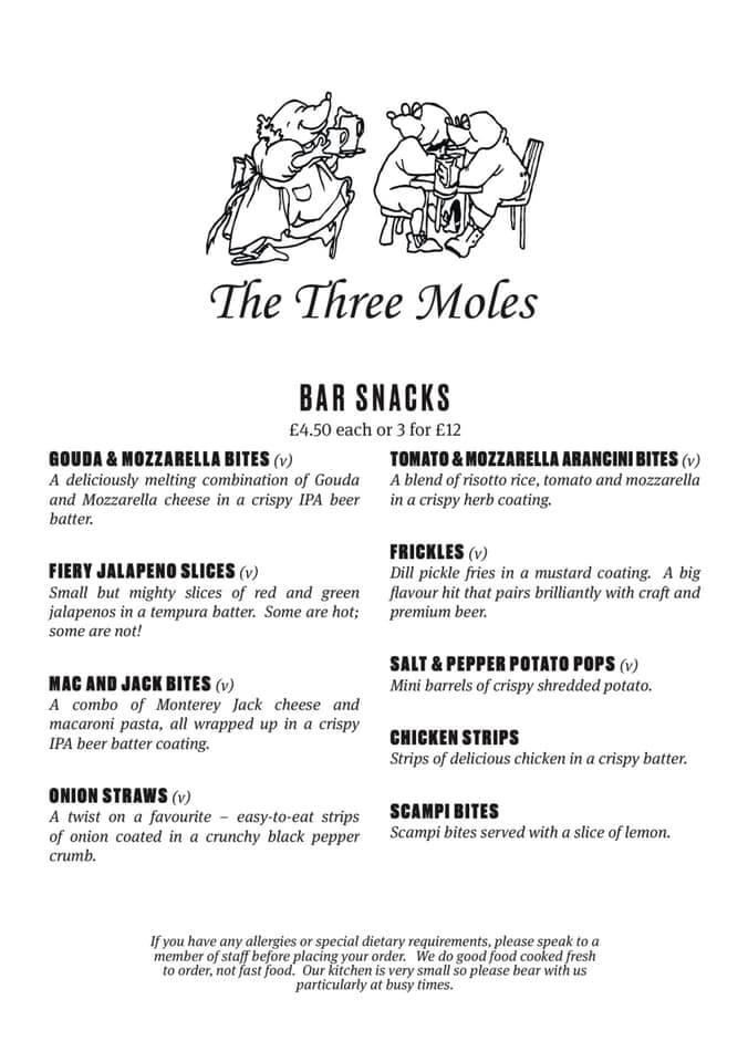 Menu at The Three Moles restaurant, England, Selham