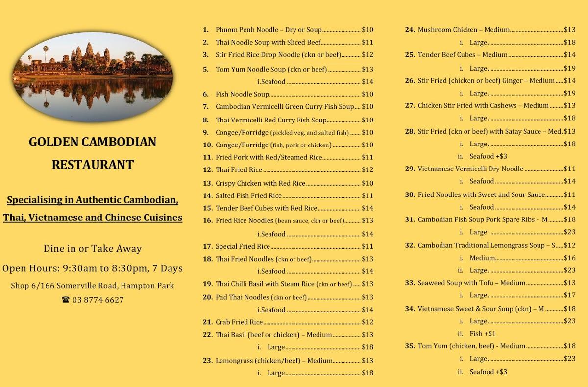 Menu at Golden Cambodian restaurant, Hampton Park