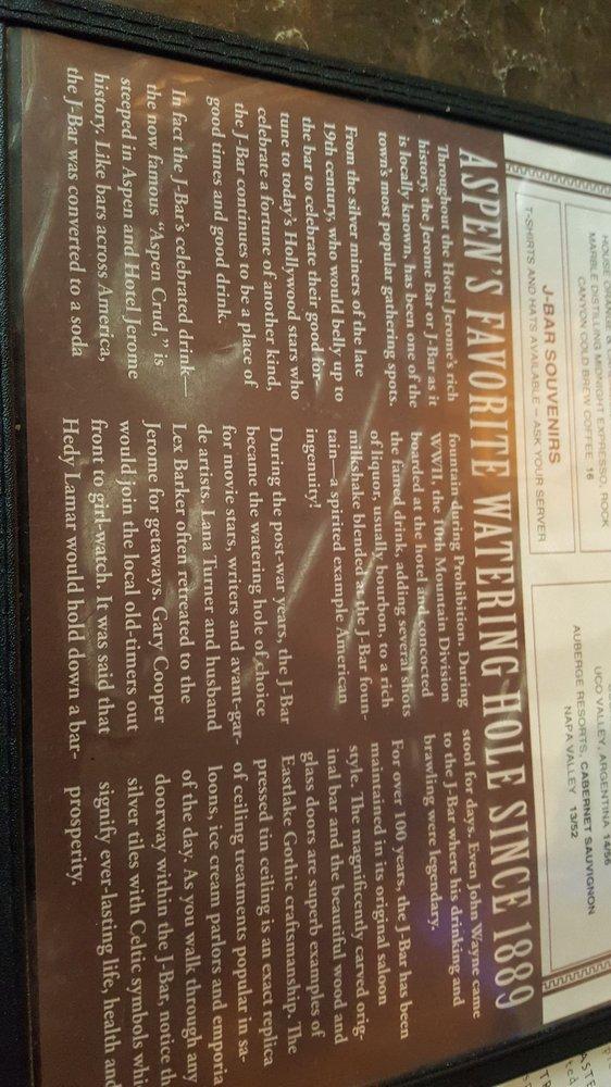 Menu at J-Bar, Aspen