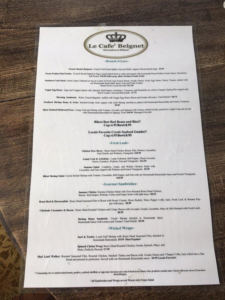 Menu at Le Cafe’ Beignet, Biloxi, 124 Lameuse St